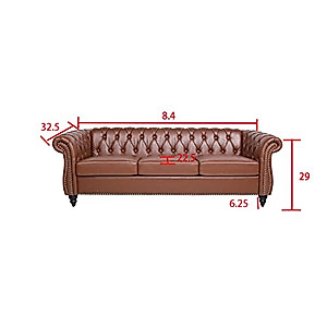 HomSof 84" Rolled Arm Chesterfield 3 Seater Sofa Mid Century Modern Couch for Small Spaces, Brown PU Leather