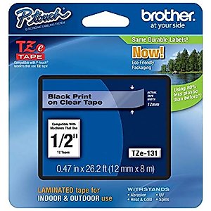 Brother Genuine P-touch TZE-131 Tape, 1/2" (0.47") Standard Laminated P-touch Tape, Black on Clear, Perfect for Indoor or Outdoor Use, Water Resistant, 26.2 Feet (8M), Single-Pack