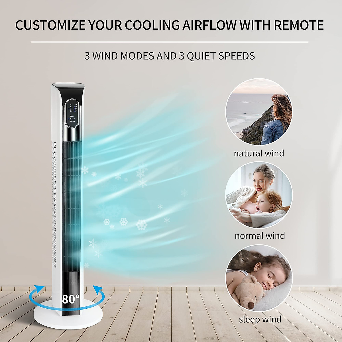 CUUD Oscillating Tower Fan Powerful Cooling Fan with Remote Control Electric Portable Standing Bladeless Floor Fan with 3 Wind Speeds,Timer, LED Display for Bedroom Kitchen Office (34inch, White)