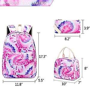 LEDAOU Backpack for Girls School Bag Kids Bookbag Teen Backpack Set Daypack with Lunch Bag and Pencil Case (Tie Dye Pink Purple)