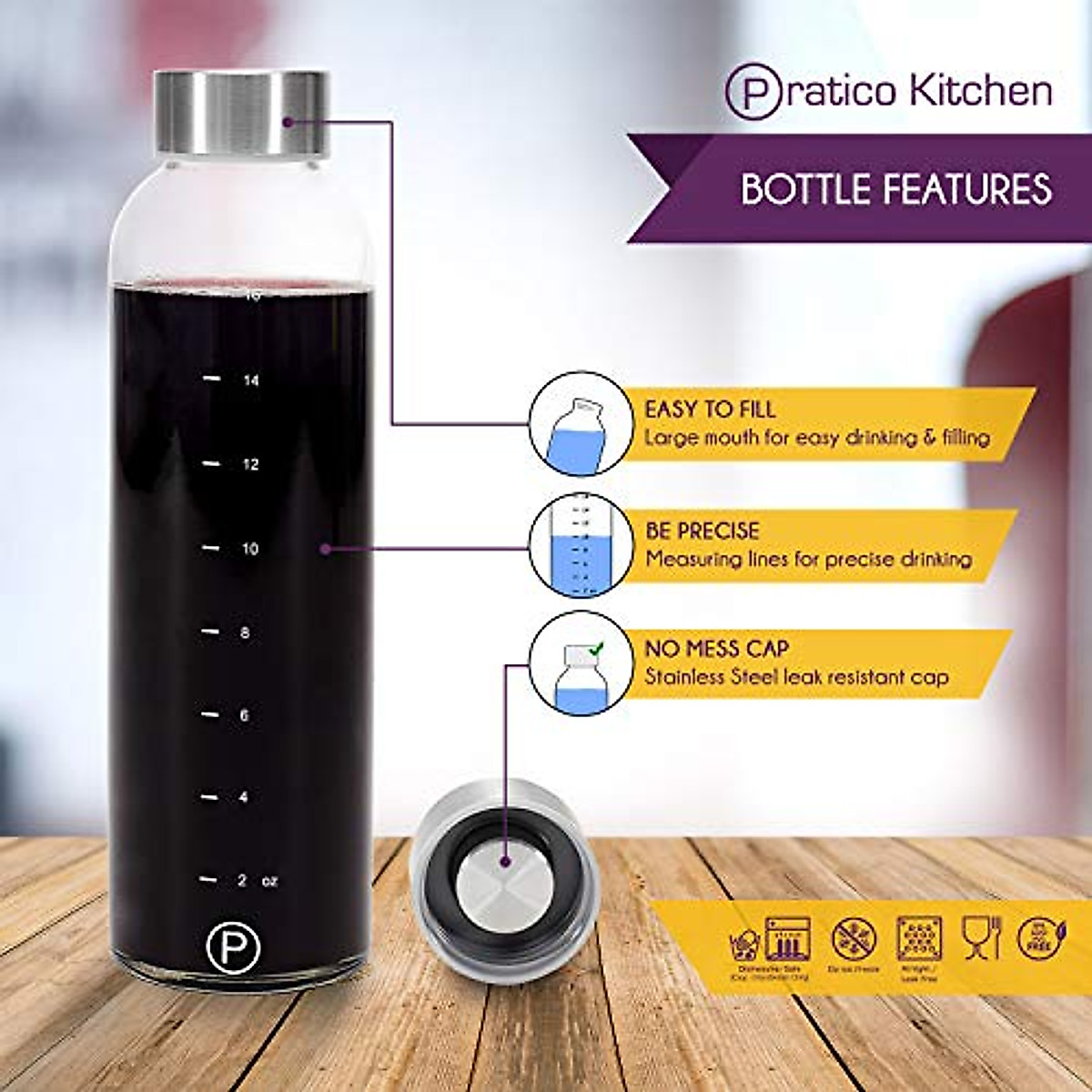 Pratico Kitchen 18 oz.Leak-Proof Clear Glass Bottles, Juicing Containers, Water / Beverage Bottles - 6-Pack