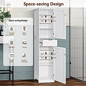 Iwell Tall Linen Tower Cabinet, Freestanding Bathroom Cabinet with 2 Doors 6 Tier Shelves & Drawer, Narrow Floor Storage Cabinet for Living Room, White