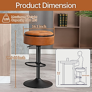 Round Storage Bar Stool Set of 2,Faux Leather Height Adjustable Barstool, 360°Counter Height Swivel Stool, Armless Bar Chair with Metal Frame for Kitchen Counter Dining Living Room Whiskey Brown