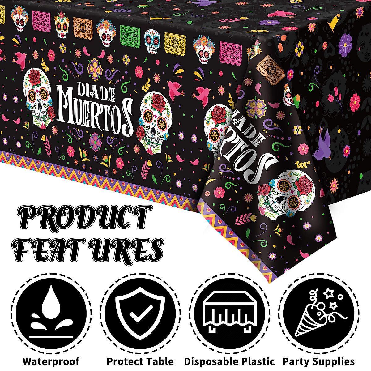 Erweicet Day of The Dead Tablecloth 3pcs Dia de Muertos Tablecloth Mexican Day of The Dead Decorations Sugar Skull Decor Dia De Los Muertos Party Table Decorations
