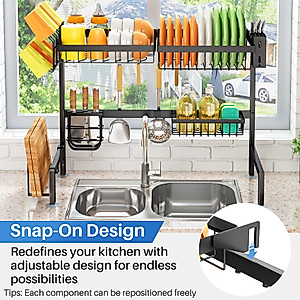 SNTD Over The Sink Dish Drying Rack, Width Adjustable (26.8" to 34.6") 2 Tier Dish Rack Drainer for Kitchen Counter Organization and Storage, Utensil Sponge Holder Sink Caddy Dryer Rack Black