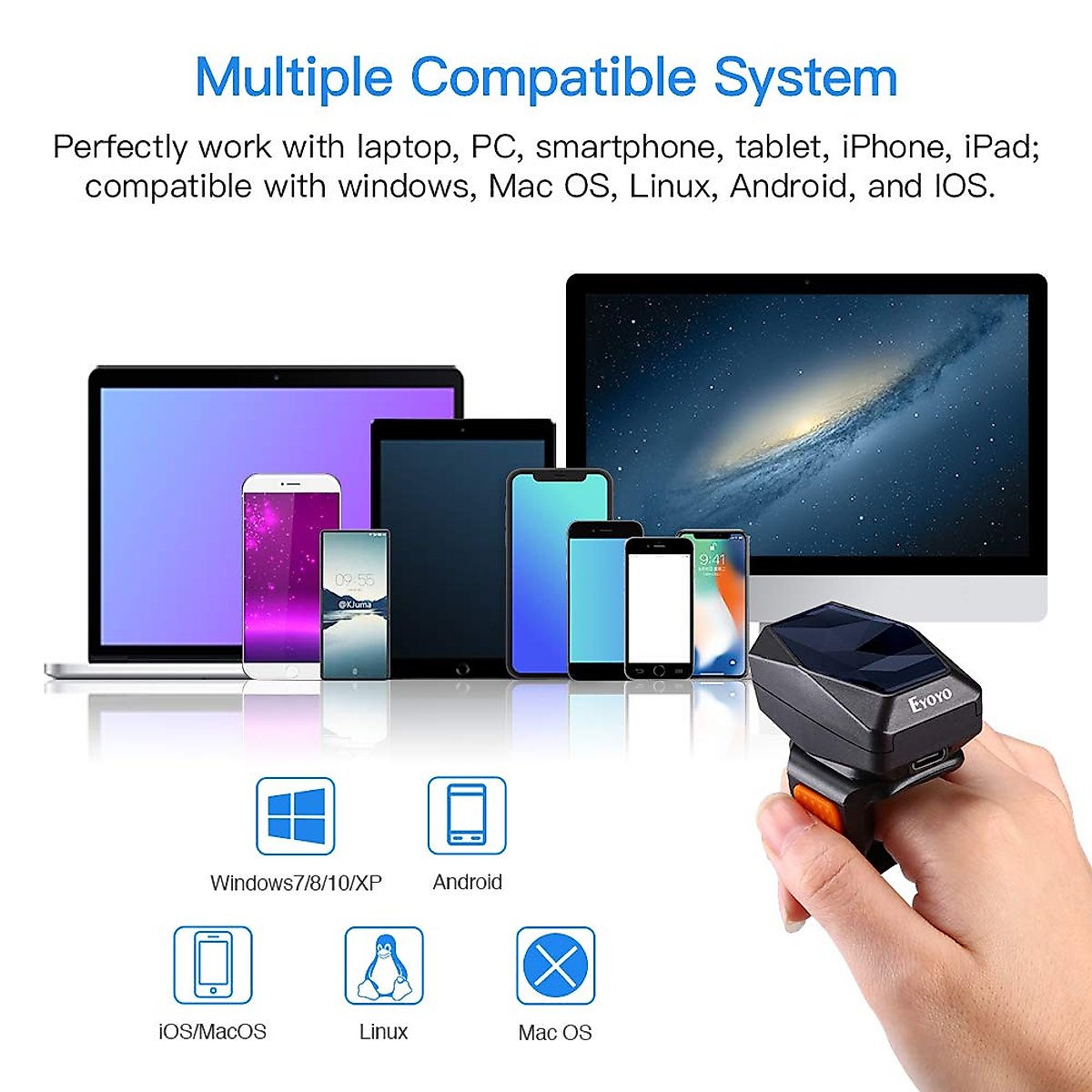 Eyoyo 2D Finger Ring Barcode Scanner, Mini Wearable 3-in-1 USB Wired & 2.4G Wireless & Bluetooth Scanner, Image 1D QR Bar Code Reader PDF417 Data Matrix Screen Scan for iPad, Smartphone, PC