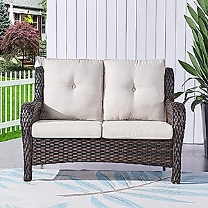 Rilyson Outdoor Loveseat Wicker Patio Sofa - 2-Seat Rattan Outdoor Couch Patio Furniture with Deep Seating and Cushions for Porch Deck Balcony(Brown/Beige)