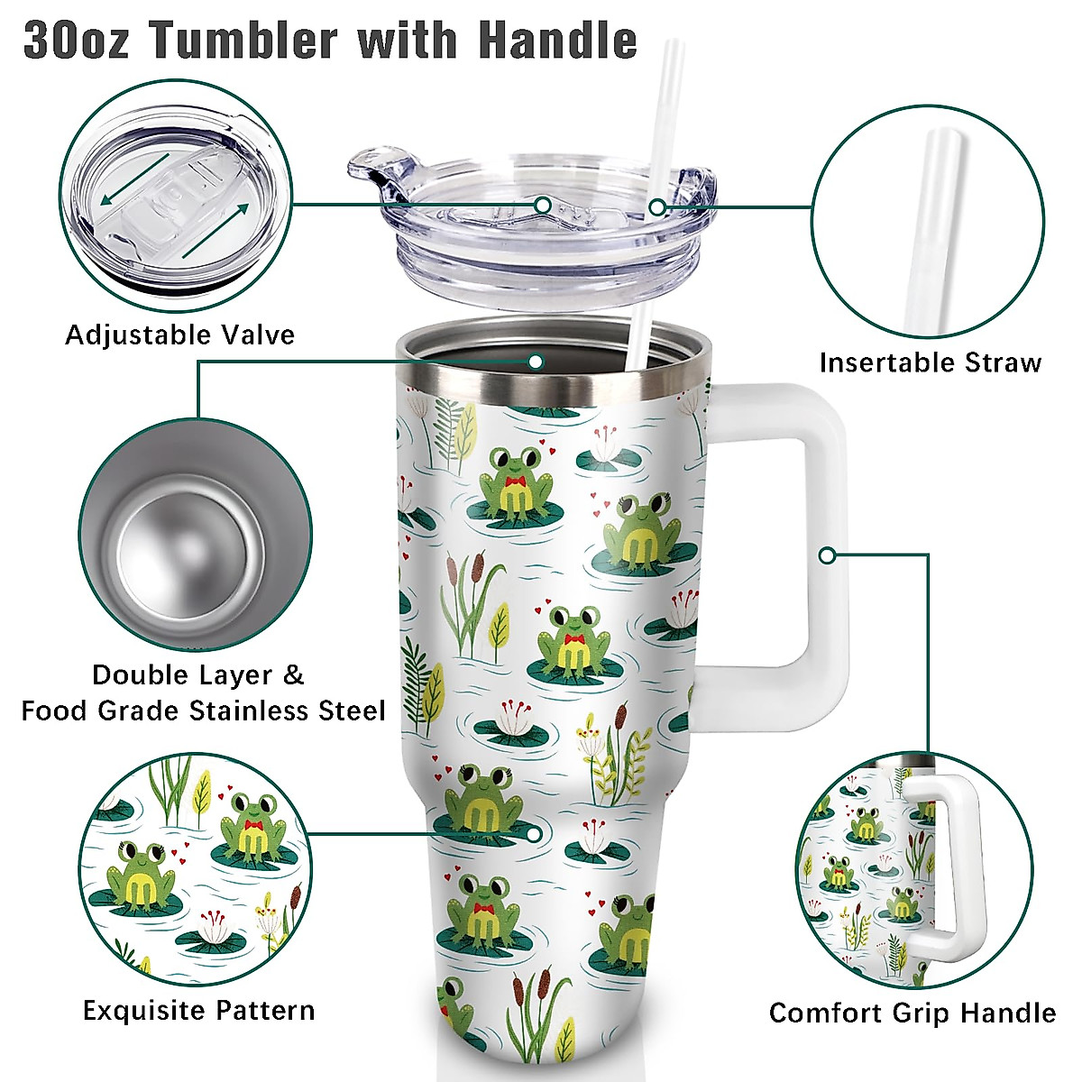 puhnhsv 30 oz Frog Tumbler with Handle and Straw, 30oz Insulated Stainless Frog Tumbler Coffee Travel Mugs Cup Water Bottle Frog Lovers Gifts for Women Girls