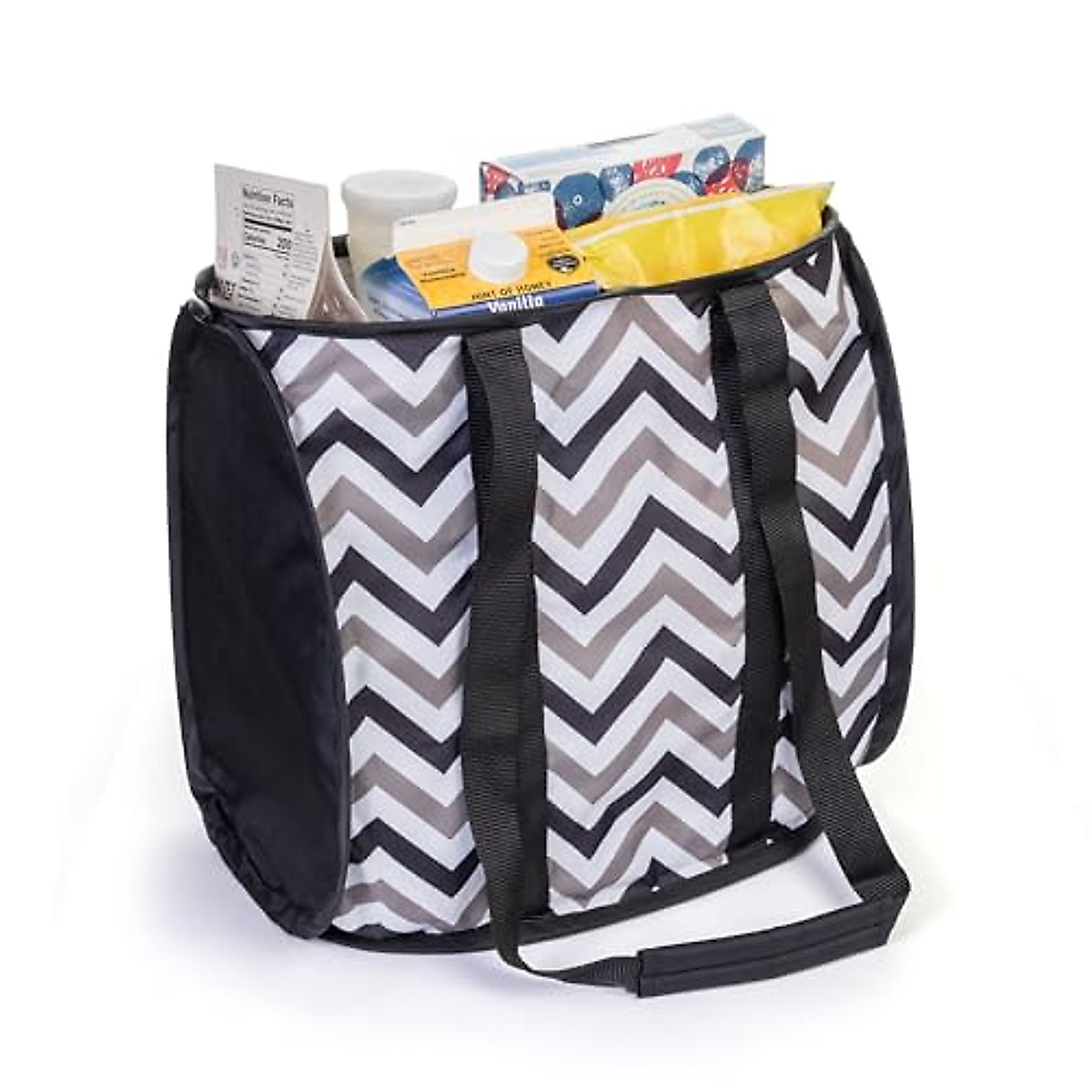 Smart Design Pop-Up Shopping Bag - Reusable - Large - Heavy Duty Polyester - Folds Flat - Supermarket, Trunk Storage - Home Organization (15 x 10 Inch) [Chevron w/Black Trim]