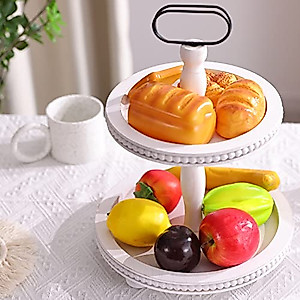 Urban Deco Wooden Decorative Tray Two Tiered Tray Decorations Round Serving Tray with Metal Handle, Wooden Cupcake Stand for Party Tiered Dessert Stand - Retro White Farmhouse Wooden Tray