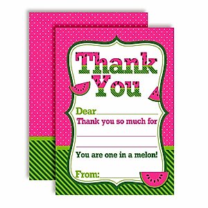 Pink Watermelon Sweet Celebration Birthday Thank You Notes, Ten 4" x 5.5" Fill In The Blank Cards with 10 White Envelopes by AmandaCreation