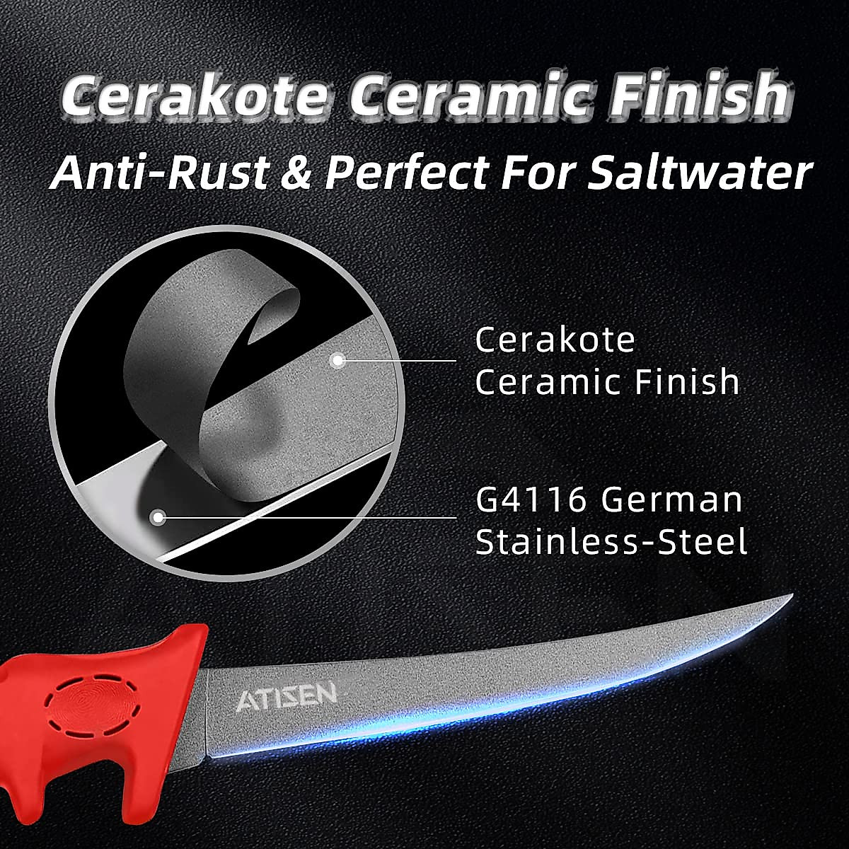 ATISEN Fillet Knife Fishing Gear, Razor Sharp G4116 German Stainless-Steel 9" Blade with Anti-Rust Coating, Non-Slip Handle, Includes Protective Sheath + Knife Sharpener, Great for Fresh or Saltwater