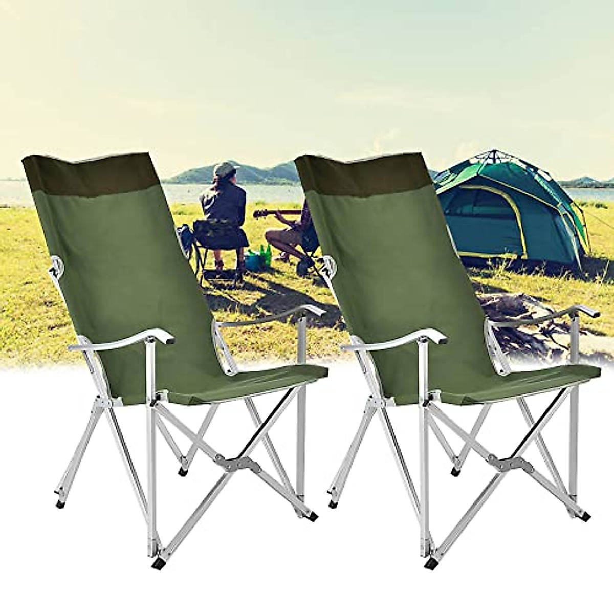 Portable Camping Chairs 2 Pack, Higher Folding Beach Chair Outdoor Sun Pool Lawn Picnic Sand Chair Aluminum Frame with Carrying Bag for Hiking BBQ Beach Traveling Picnic Fishing