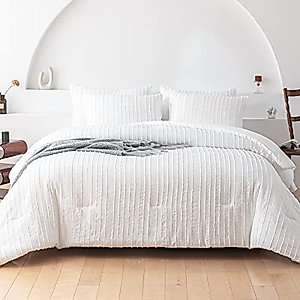 WARMDERN White Comforter Set Queen Size Soft Bedding Sets Boho Striped Pattern Lightweight Comforter for All Season Down Alternative Bed in A Bag 7 Piece(Queen, White)