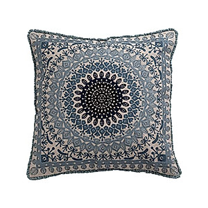 Creative Co-Op Cotton Embroidered Trim Pillow, 18" L x 18" W x 2" H, Blue