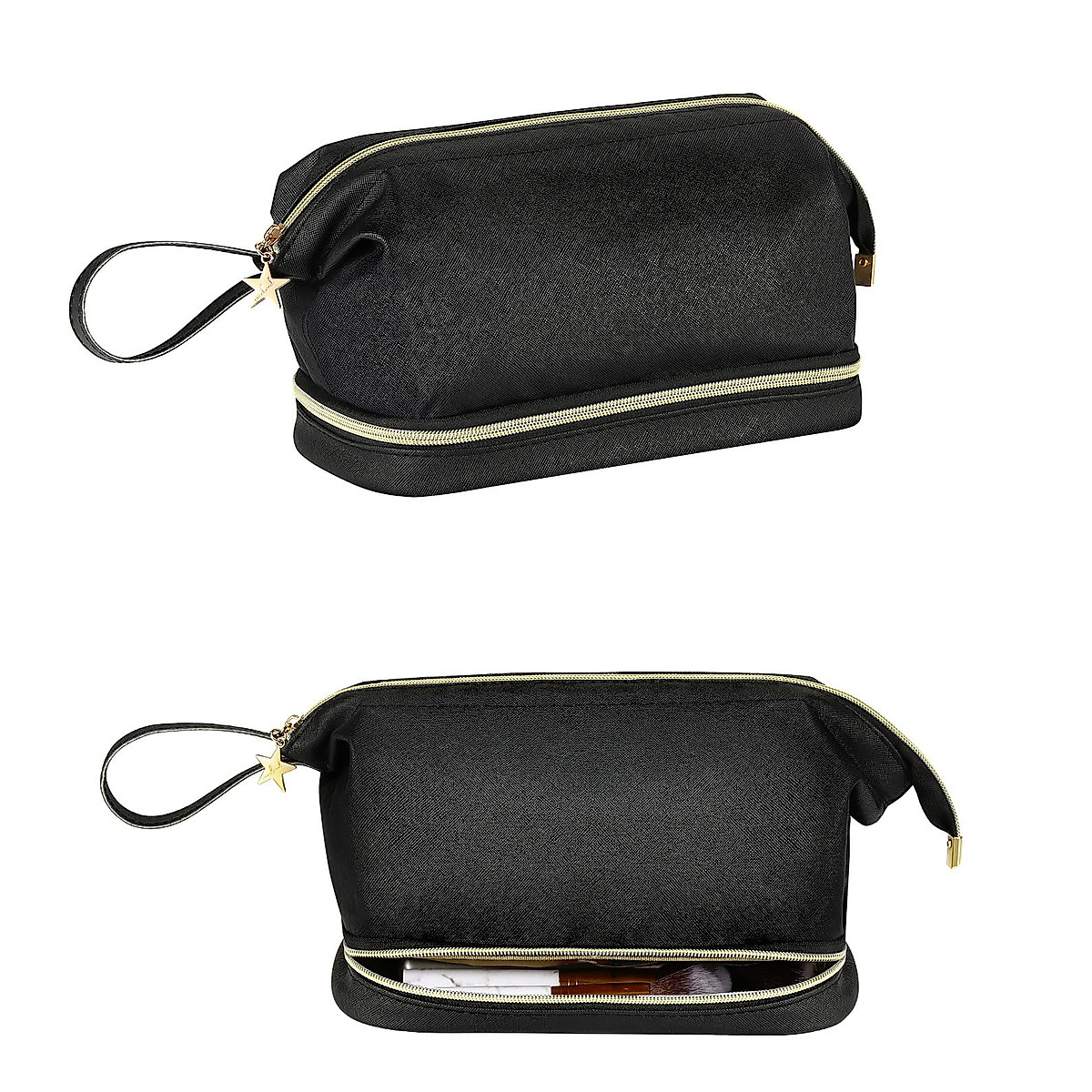 Shinowa Travel Makeup Cosmetic Bag, Portable Double Layer Cosmetic Bag, Large Leather Makeup Pouch with Wide Opening, Water-proof Toiletry Bag for Women Girls, Black