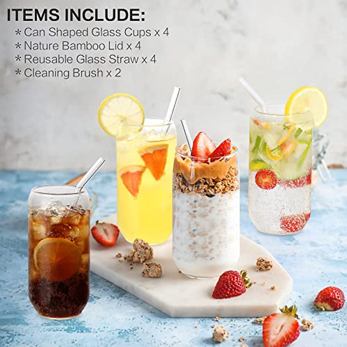 Drinking Glasses with Glass Straw and Bamboo Lids-4Pcs 16oz Can Shaped Glass Cups,2 Cleaning Brushes,Beer Glasses,Ideal for Whiskey,Cute Tumbler Cup,Iced Coffee Glasses,Cocktail,Soda, Tea,Gift