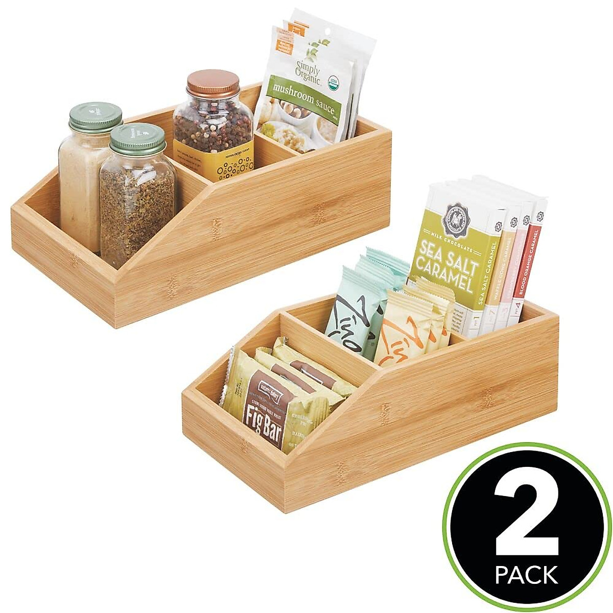 mDesign Bamboo Wood Food Storage Bin with Divided 3 Compartments and Sloped Front for Kitchen Cabinet, Pantry, Shelf to Organize Seasoning Packets, Powder Mixes, Spices, Snacks - 2 Pack - Natural