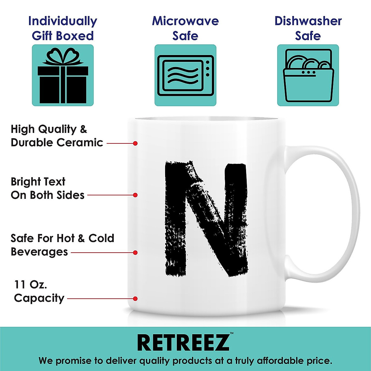Retreez Initial A-Z Hand Drawn Grunge Alphabet Monogrammed Monogram Mug 11 Oz Ceramic Tea Coffee Mugs - Appreciation Thank You Holiday Birthday Gifts for her friend coworker sister bestie - N Initial