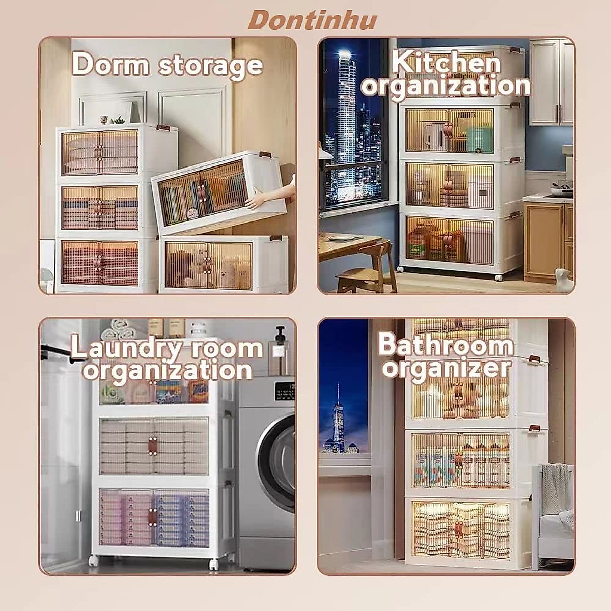 Dontinhu Stackable storage bins open front,collapsible storage bins, 7GAL-3Packs stackable closet organizers with wheels,for home and dorm(Creamy white)