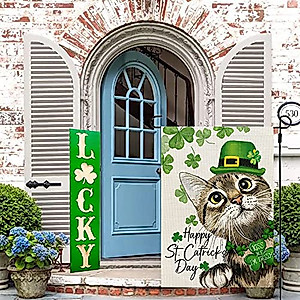 CROWNED BEAUTY Happy St Patricks Day Cat Garden Flag 12x18 Inch Double Sided for Outside Small Burlap Green Shamrocks Clovers Hat Yard Holiday Flag
