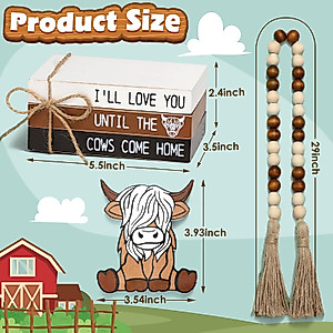 5PCS Highland Cow Decor, Farmhouse Tiered Tray Decor, Wooden Book Stacks Rustic Table Centerpiece for Home Room Mantle Fireplace Shelf