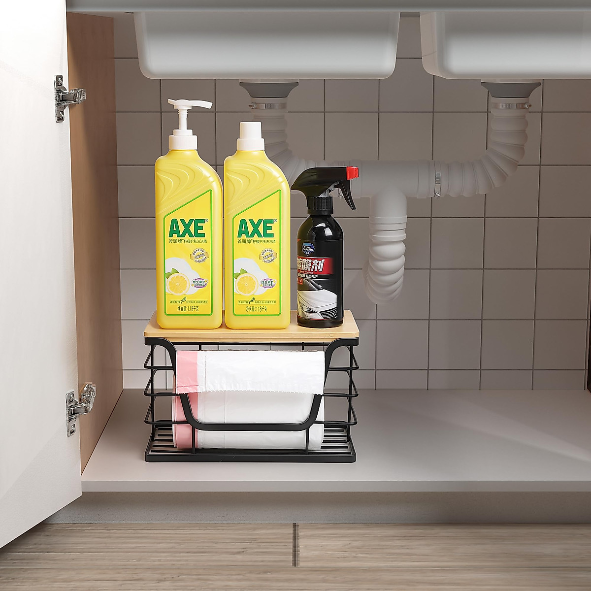 ALOCEO Small Trash Bag Holder with Bamboo Top, Wall Mount Stackable Standard Garbage Bag Dispenser for Laundry Room Organization and Storage