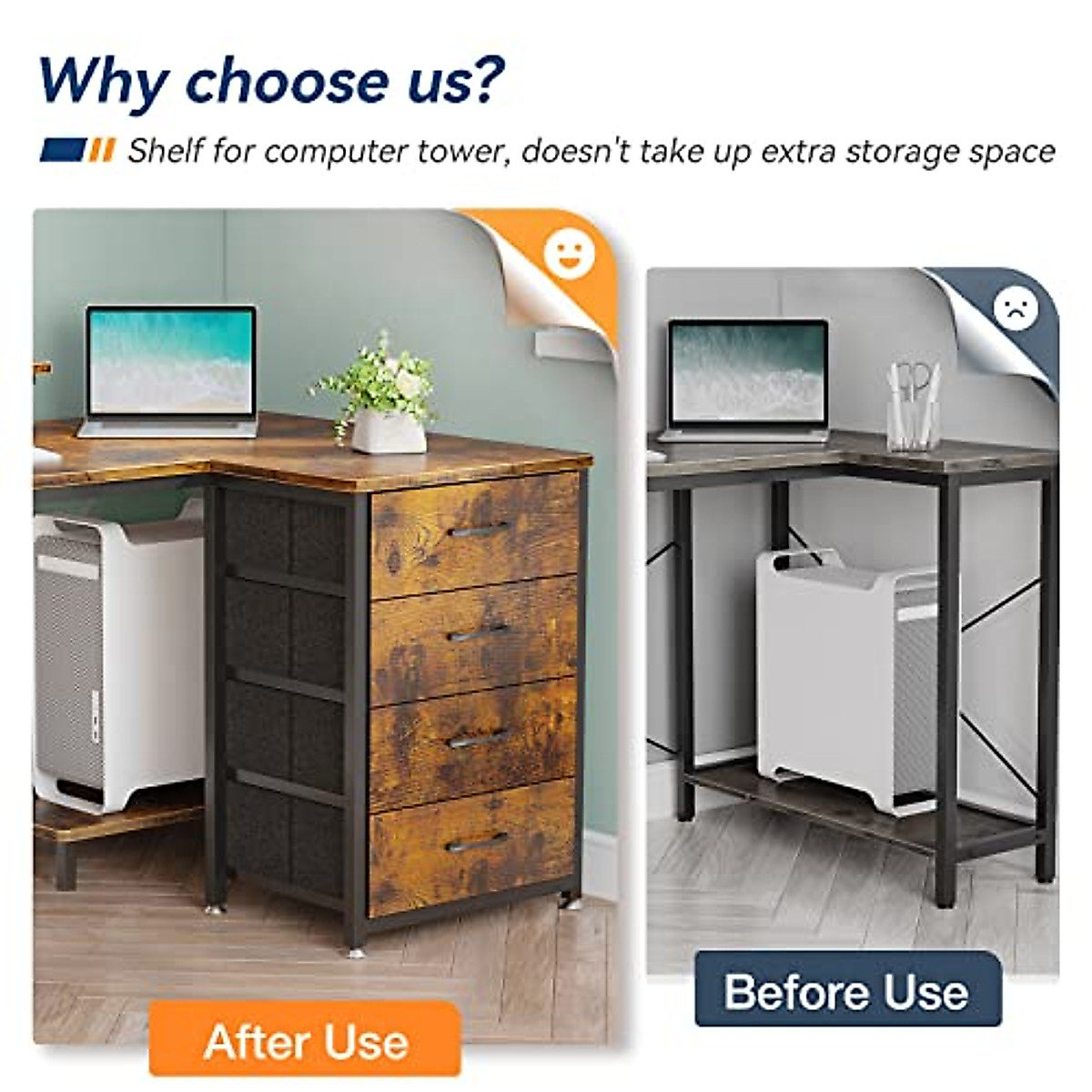 KKL 63 inch L Shaped Computer Desk with USB Charging Port & Power Outlet, L-Shaped Corner Desk with 4 Tier Drawer & Monitor Shelf for Home Office Workstation, Modern Style Writing Table, Vintage