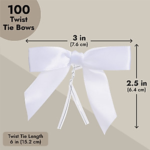 100 Pack White Twist Tie Bows for Crafts, Pre-Tied Satin Ribbon for Gift Wrap Bags, Party Favors, Baked Goods (2.5 x 3 in)