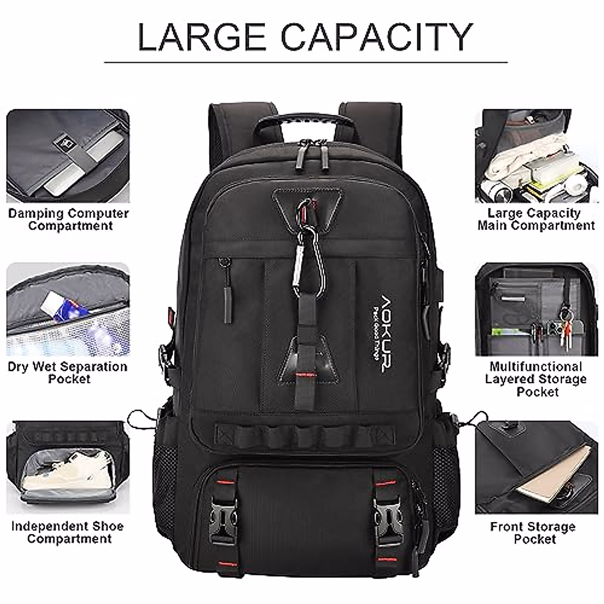 aokur Large Travel Laptop Backpack with Wet Bag Shoe Compartment,50L Expandable Flight Approved Backpack,17.3 inch Hiking Backpack for men women,Waterproof, Black