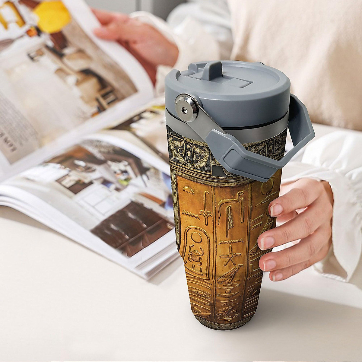 FOCIUZTA 30oz Tumbler with Lid - Insulated Cup - Travel Coffee Mug - Perfect Gift for Easter, Father’s Day, Mother’s Day, Birthdays - Ancient Egyptian-Inspired Design with Gold and Hieroglyphs