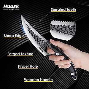 Huusk Viking Knife Caveman Knives - Hand Forged Meat Cleaver Sharp Boning Knife for Meat Cutting Japanese Knife with Sheath Trimming Butcher Knife for Kitchen & Outdoor Use
