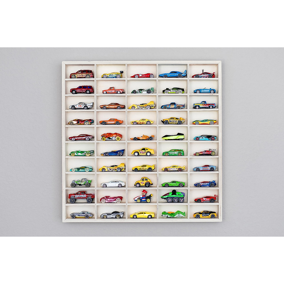 Rustic Roots Car Display Shelf - Wooden Wall Mount Hot Wheels, Matchbox, and Diecast Case for 50 Cars