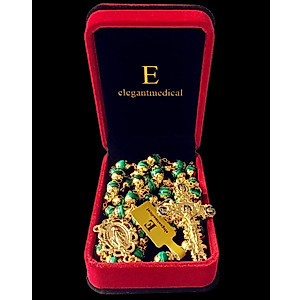 elegantmedical HANDMADE 18K Gold Plated UNDOUBTED Malachite Rosary Prayer Beads Necklace Catholic Gift & Box