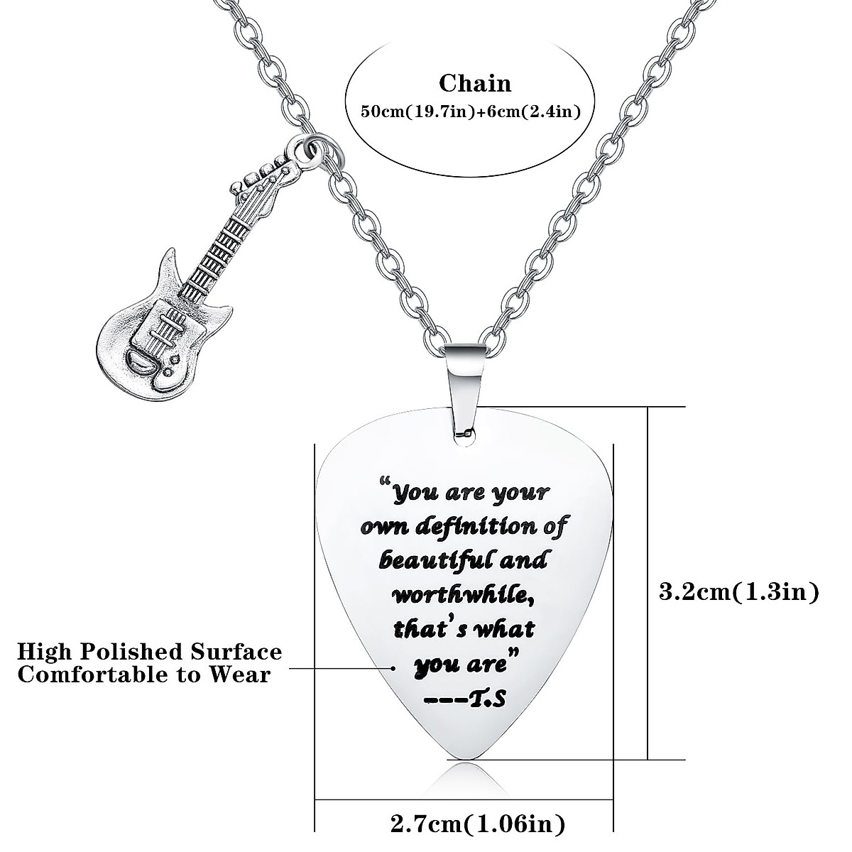 COTATI Quotes Guitar Pick Necklace Outfits Jewelry Accessories Inspired Fans Gift Merch (You are your own definition of beautiful and worthwhile)