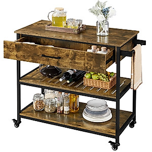Topeakmart 40 Inch Mobile Kitchen Island Cart on Wheels for Home Kitchen, 40 Inch Rolling Utility Trolley Cart with Drawer and Storage Shelf, 3-Tier Large Kitchen Work Table Dining Cart, Rustic Brown