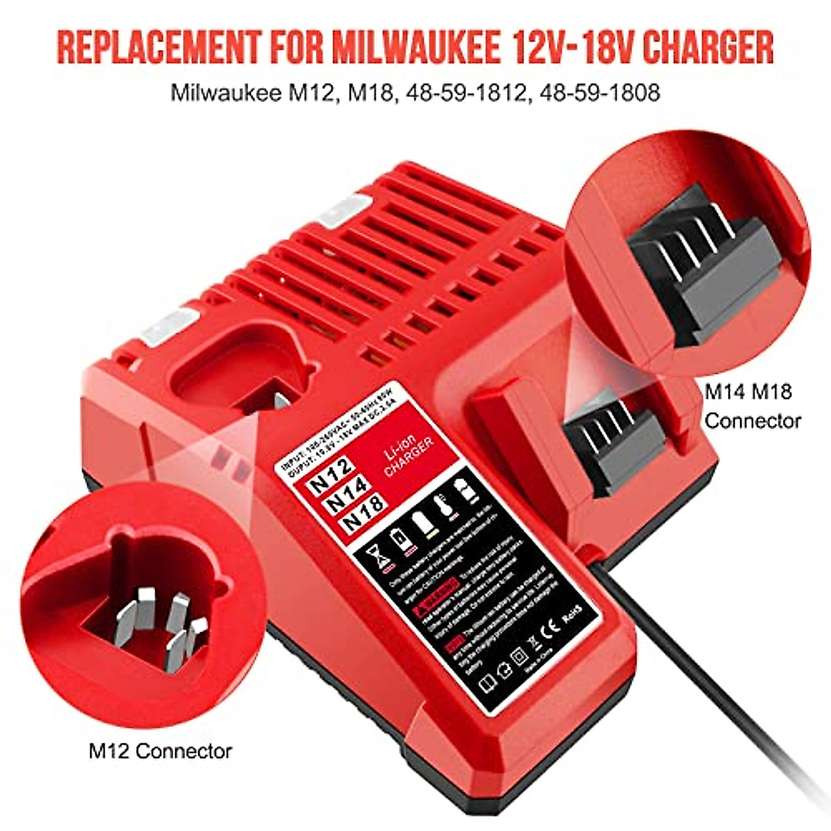 ADVTRONICS M12 M18 48-59-1812 Replacement Charger Compatible with Milwaukee 12V-18V M12 M18 M14 Lithium Battery 48-11-2420 48-11-2440 48-11-1820 48-11-1840 48-11-1850 48-11-2401