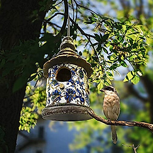 OUSHUAI Bird House for Outdoor with Pole Garden Decor Hanging Birdhouses Weatherproof BirdNest for Outside Bluebird, Finch, Wren, Chickadee, Wild Birds Big Size Resin White Bule