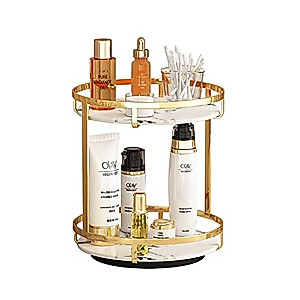 WINTENT Metal Rotating Makeup Organizer with makeup brush holder ,2 tier Lazy Susan Bathroom Organizer Countertop Gold (2 Tier)