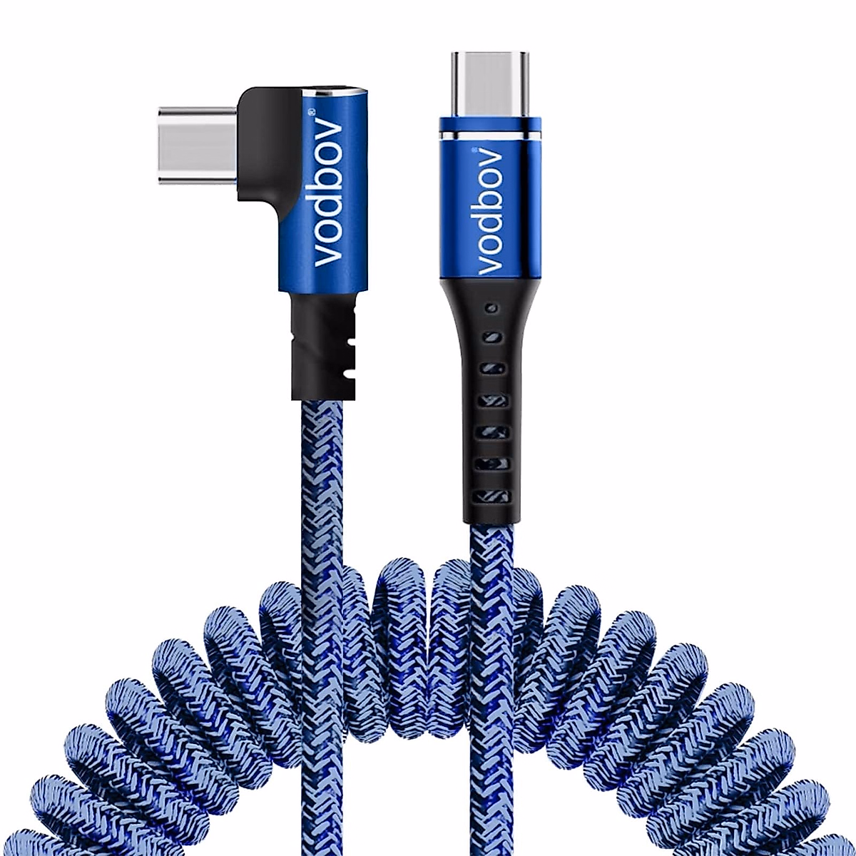 VODBOV Coiled USB-C to USB-C Cable 2ft to 8FT Fast Charging Cord Right Angle Braided 90 Degree Blue