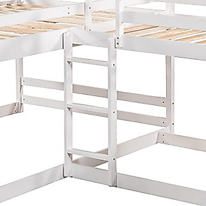 L Shaped Bunk Bed for 4, Wooden Quad Bunk Bed with Slide, Full Over Full Bunk Bed with Twin Over Twin Bunk Bed Attached for Kids Girls Boys - White