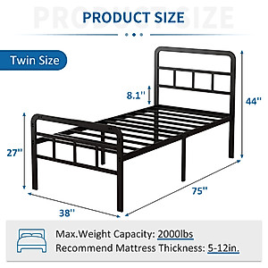 Fly-CTsoar 18 Inch Twin Bed Frames with Headboard and Footboard Heavy Duty Metal Platform, No Box Spring Needed, Easy Assembly Mattress Foundation, No Noise, Black