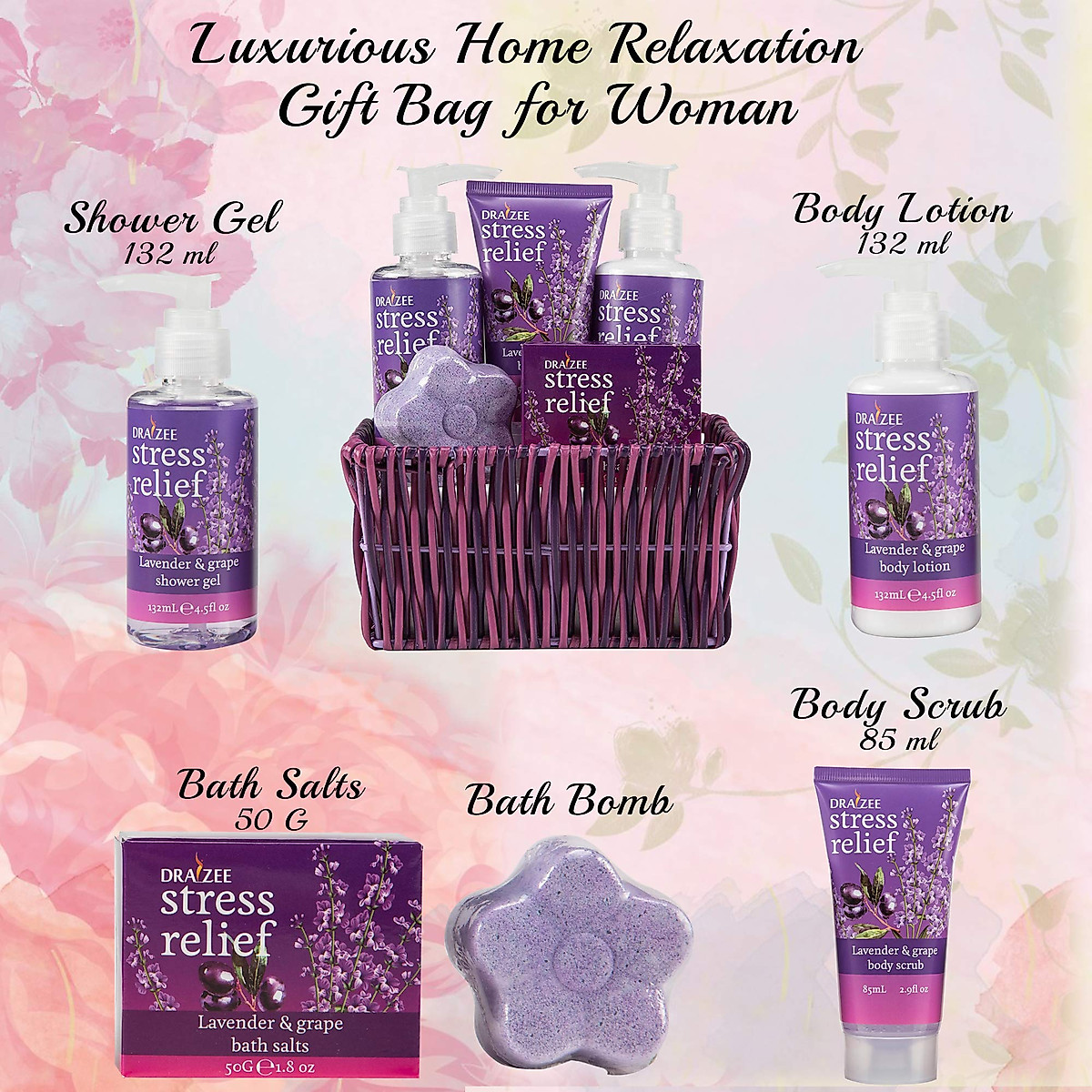 Draizee Spa Basket For Women - Lavender and Grape 5 Piece Spa Gift Set Luxurious Home Relaxation Fragrance Spa Gift Basket for Women - #1 Christmas Gifts For Women, Girlfriend