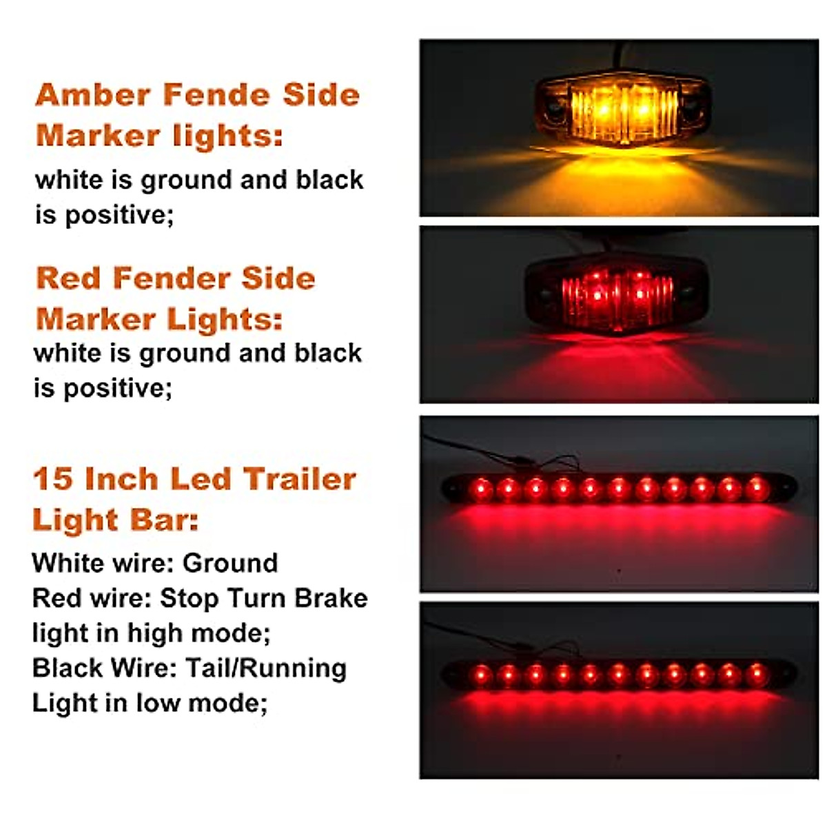 12V Trailer Led Light Kit, 2x Square Led Stop Turn Tail Brake License Plate Running Lights w/ 25ft Wiring Harness/6x Mini Marker Lights/15" 11LED Trailer Tail Brake Light Bar/License Plate Bracket