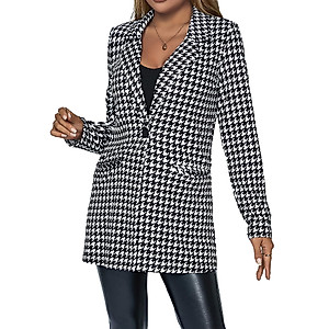 Floerns Women's Casual Work Office Open Front Striped Blazer Black White Houndstooth S