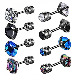 Hopply 4 Pairs Titanium Screw Back Surgical Stainless Steel Earrings for Women Men,Rainbow 5A Cubic Zirconia Studs Double Side Earrings Piercing Sleeper Jewelry 6mm (A-Black Colorful CZ)