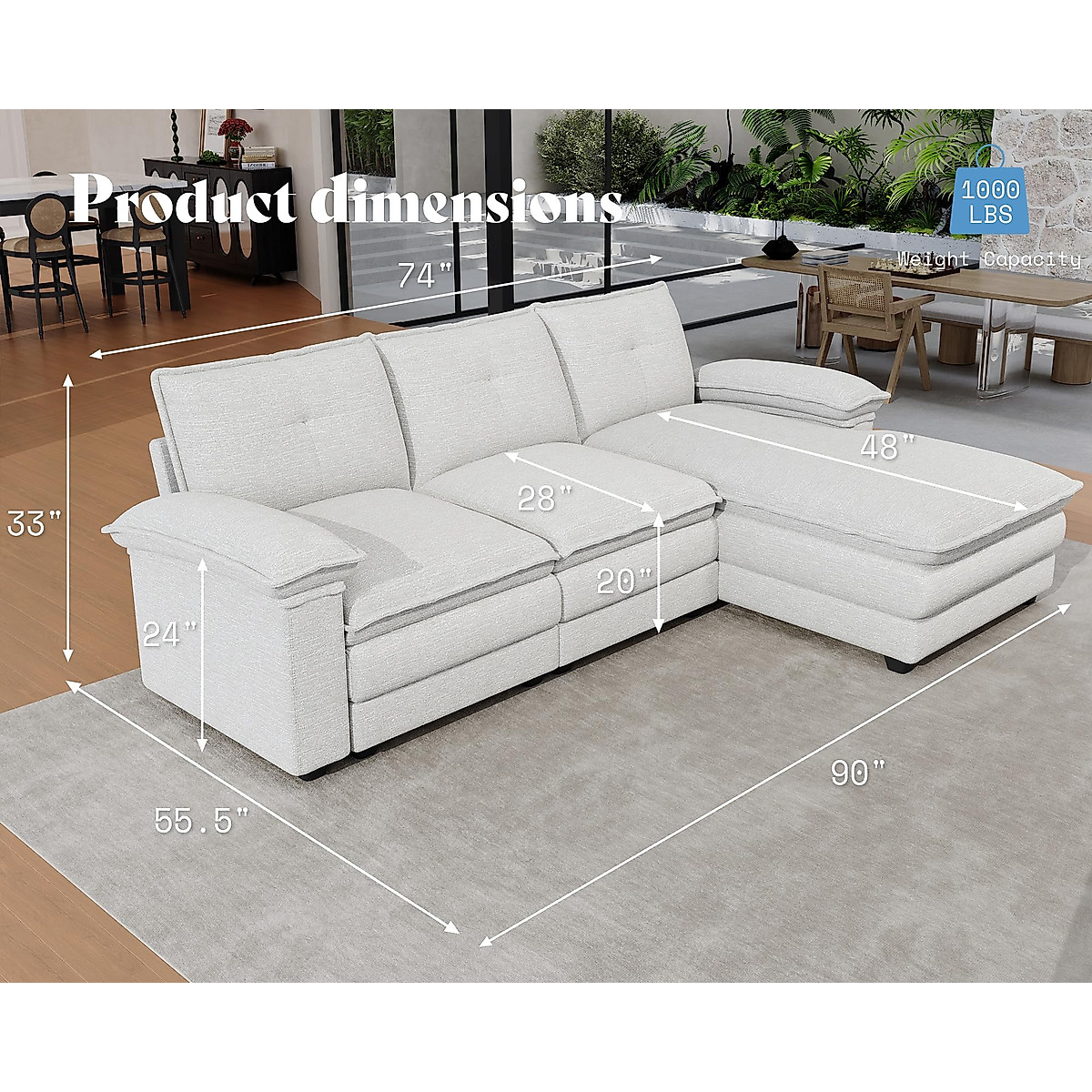 AMERLIFE Modular L Shaped Couch, Oversized Sectional Couch- Double Layer Seat Cushions, 3 Seats Comfy Couches for Living Room, Beige Chenille