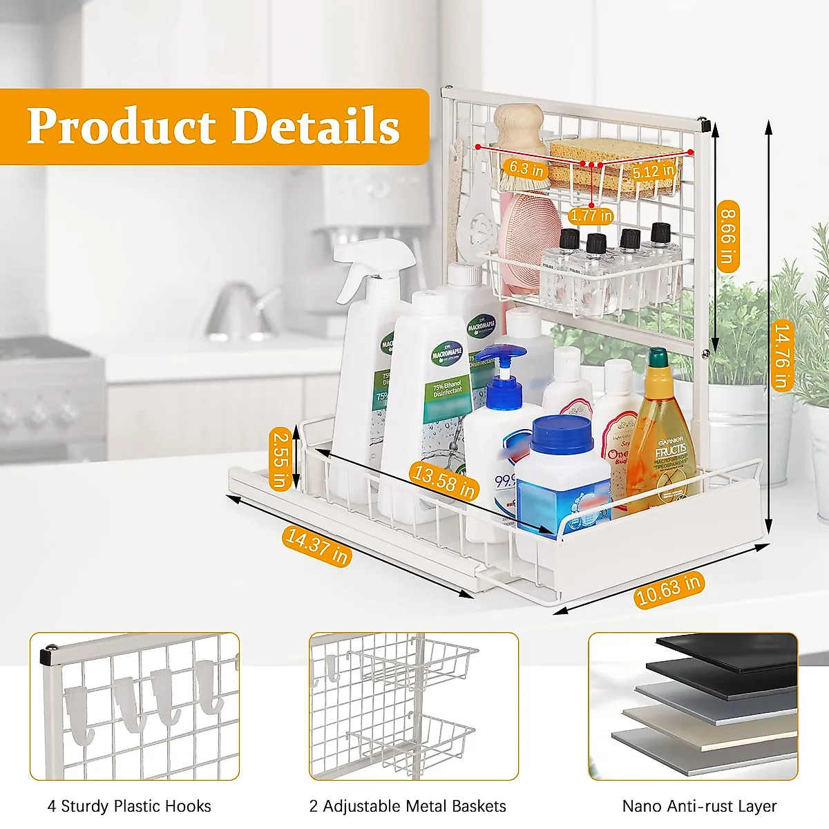Ozzptuu Under Sink Organizers and Storage, Organizer Kitchen Bathroom Storage with Sliding Drawer 2 Metal Baskets 4 Hooks for Home Kitchen, New White-1 (ASDF1881)