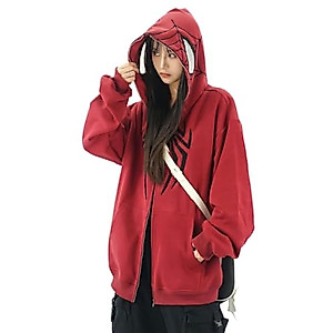 Josfey Y2k Hoodie Pink Spider Hoodie Graphic Hoodies Zip Up Hoodie Y2k Kawaii Jacket Sweater Oversized Sweatshirt for Women (Dark Red,Medium,Medium,Regular,Regular)