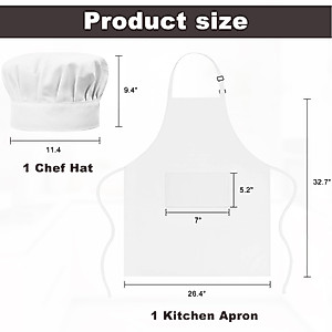 White Chef Apron and Hat Set, Chef Hat and Kitchen Apron with Front Pockets for Adult, Adjustable Apron Baker Costume for Cooking, Baking, Grilling, Restaurant, Men Women Halloween Cosplay Accessories